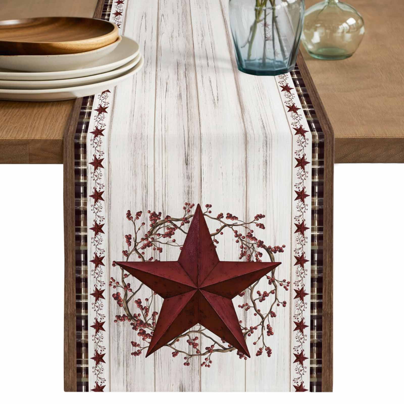 Country Star Table Runner, Dark Red Stars Berry Brown Plaid Beige Wood ...