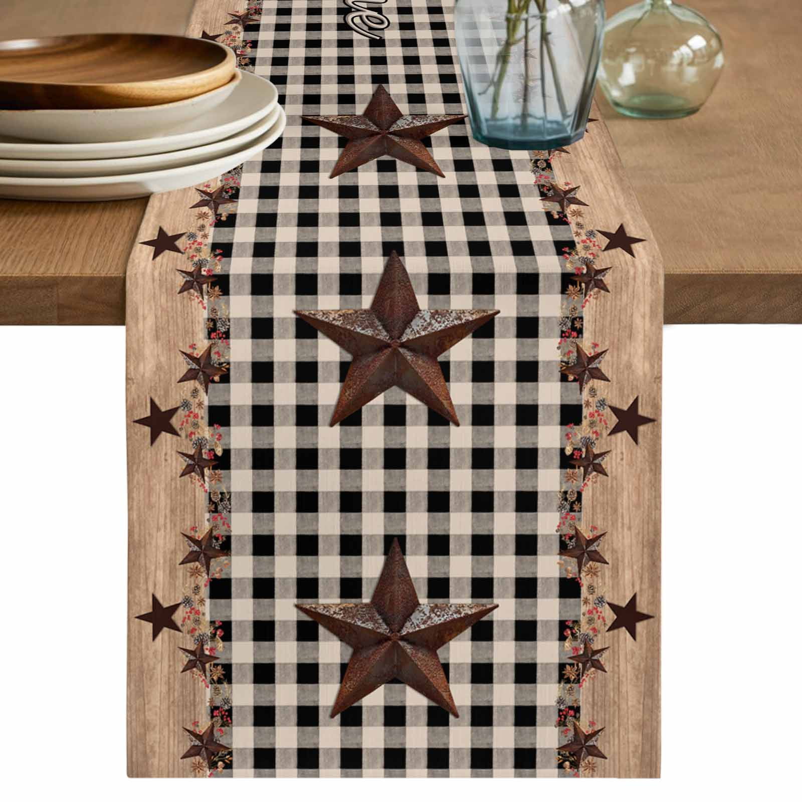 Country Star Table Runner, Farmhouse Texas Star Cotton Linen Kitchen ...