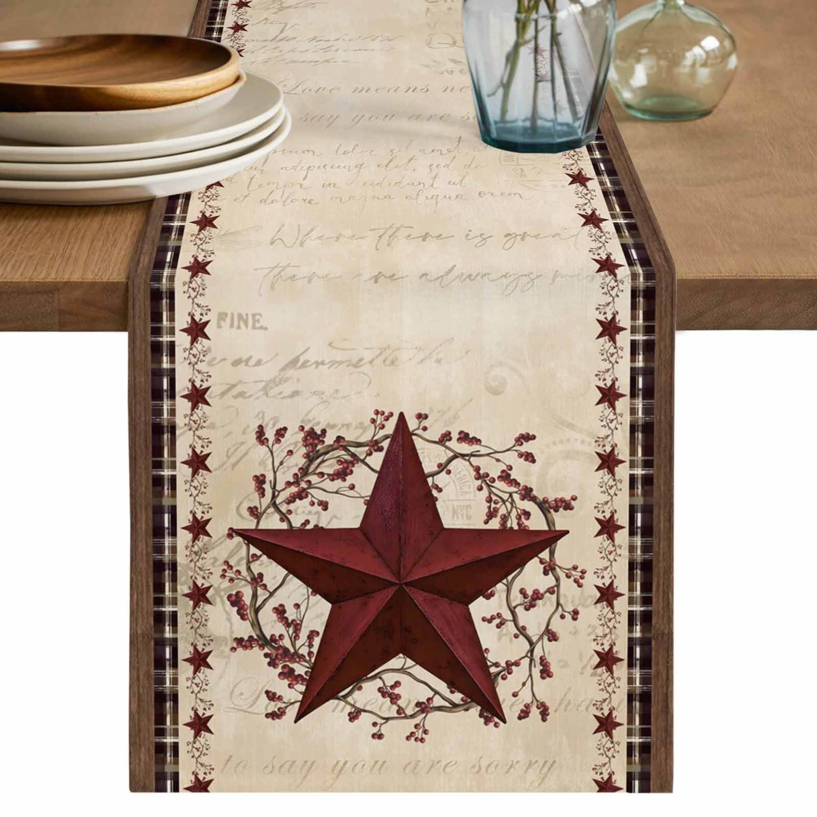 Country Star Table Runner, Red Stars Berry Linen Texture Brown Plaid ...