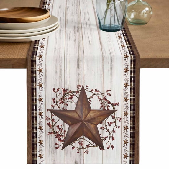 Country Star Table Runner, Rust Yellow Stars Berry Brown Plaid Beige ...