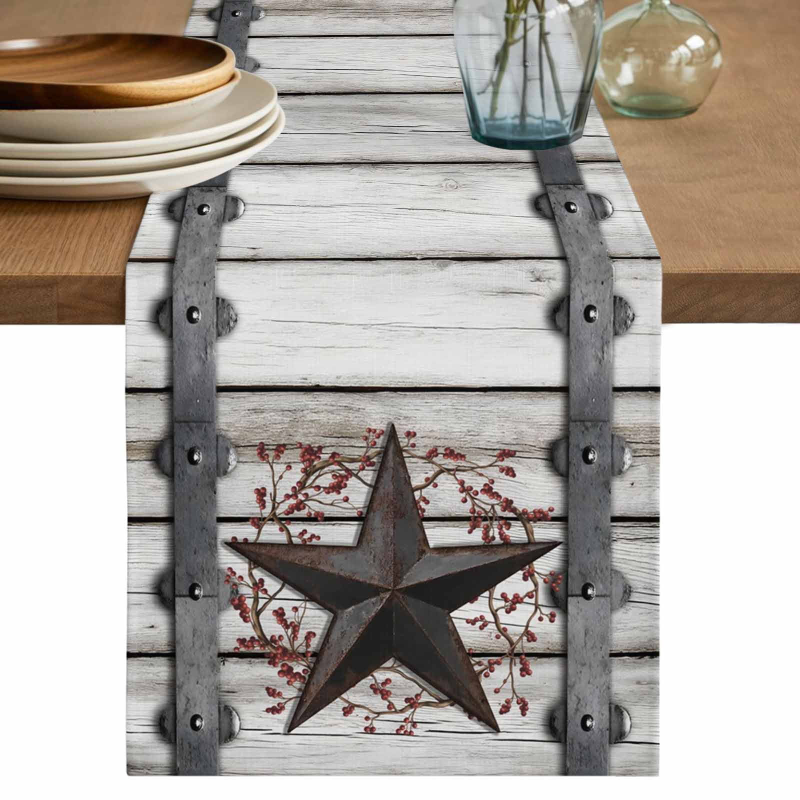 Country Star Table Runner, Vintage Rust Grey Star Berry Rivet Beige ...