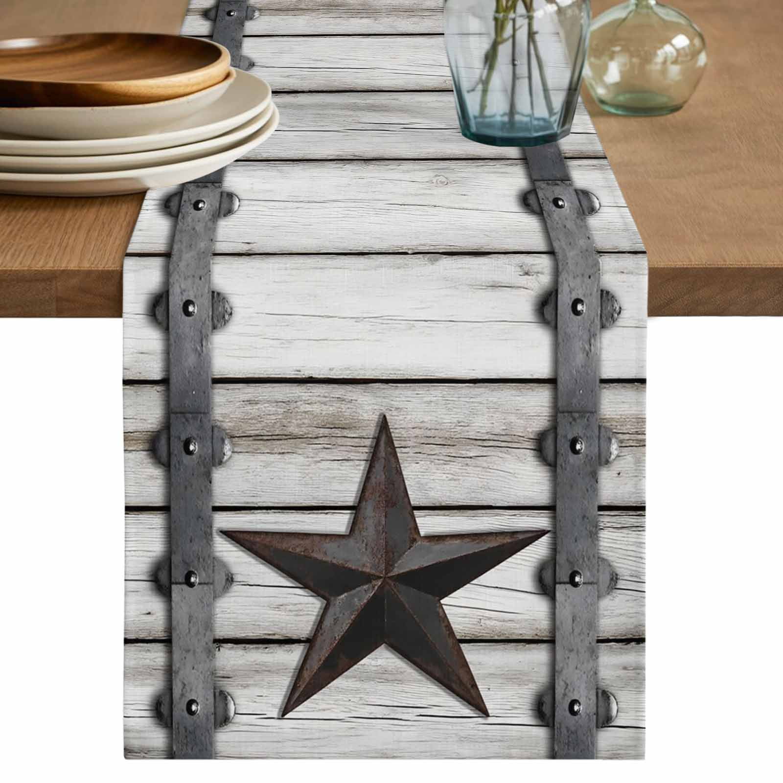 Country Star Table Runner, Vintage Rust Grey Star Rivet Beige Wood ...