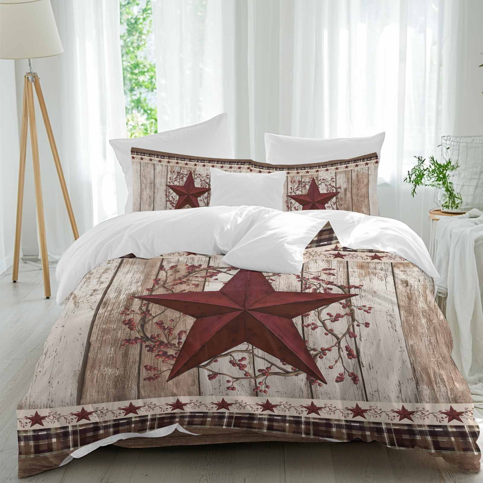 Country Star Twin Duvet Cover Set, Dark Red Stars Berry Brown Beige ...