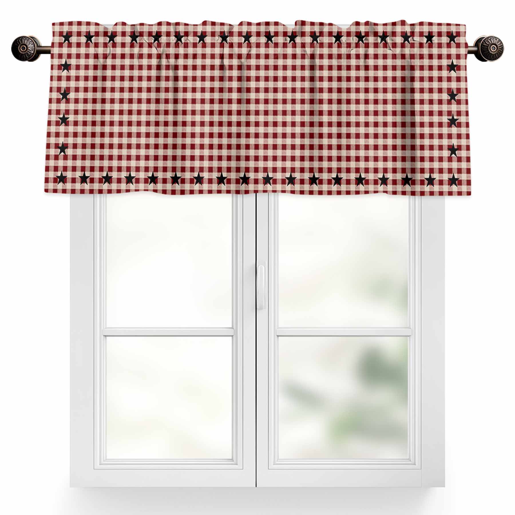 Country Star Valances for Windows, 42 x 12in, Berry Red Buffalo Plaid ...