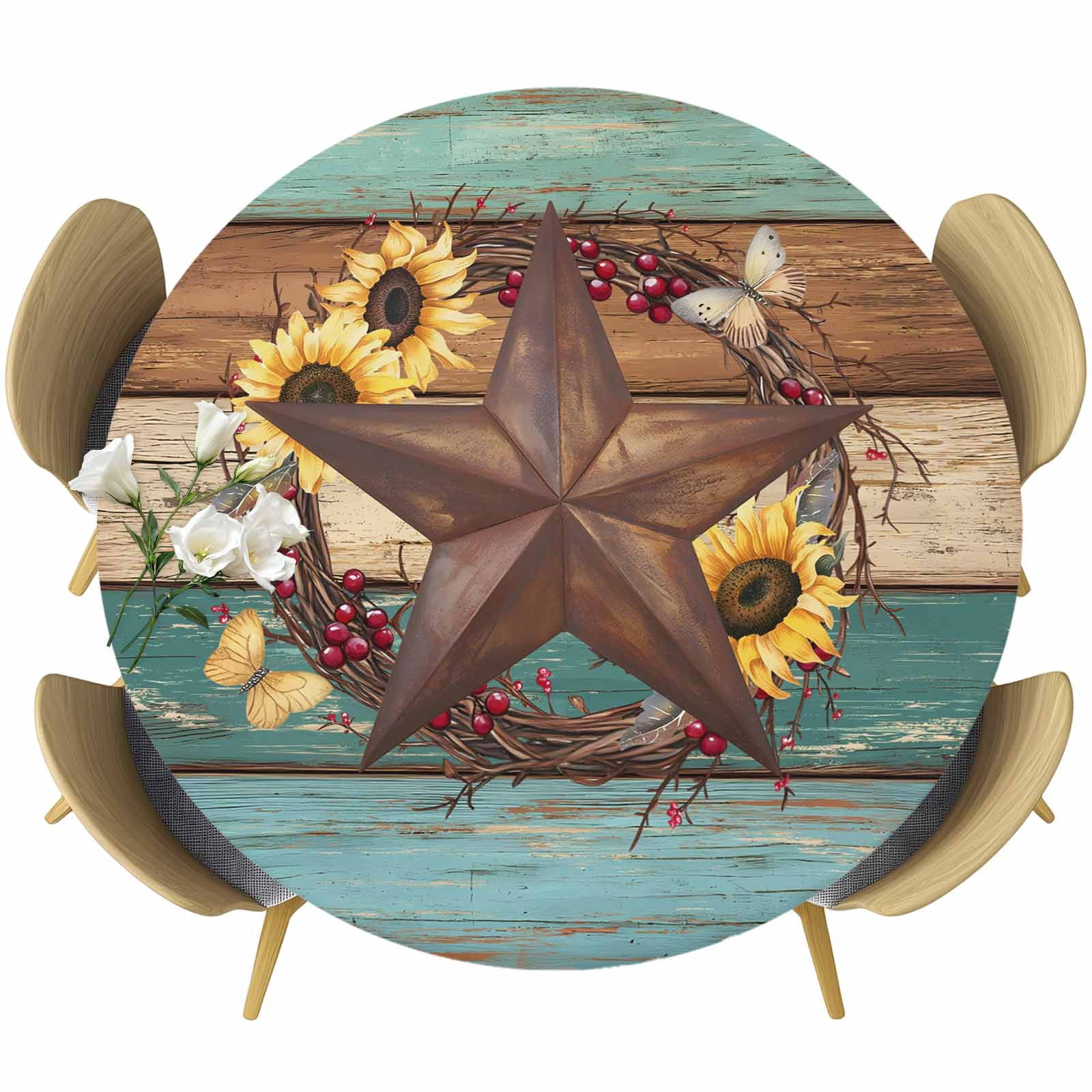 Country Star Vintage Round Tablecloth, Fitted Table Cover with Elastic ...