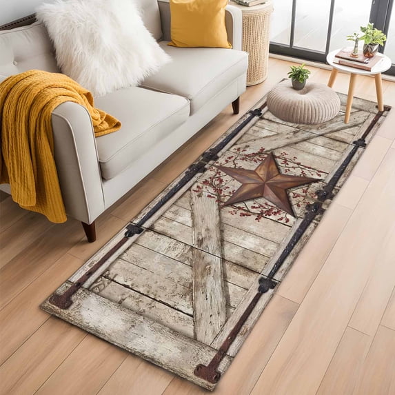 Country Star Washable Area Rug 2 x 6 ft VintageRust Yellow Star Berry ...
