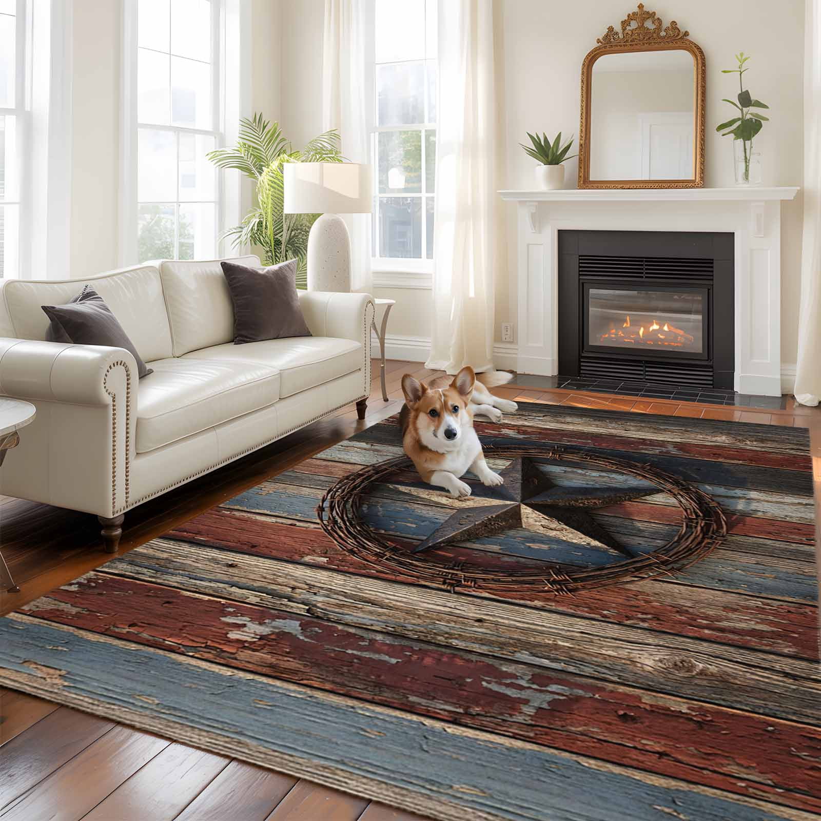 Country Star Washable Area Rug 6x9 Vintage Farmhouse Star Red Blue Wood ...