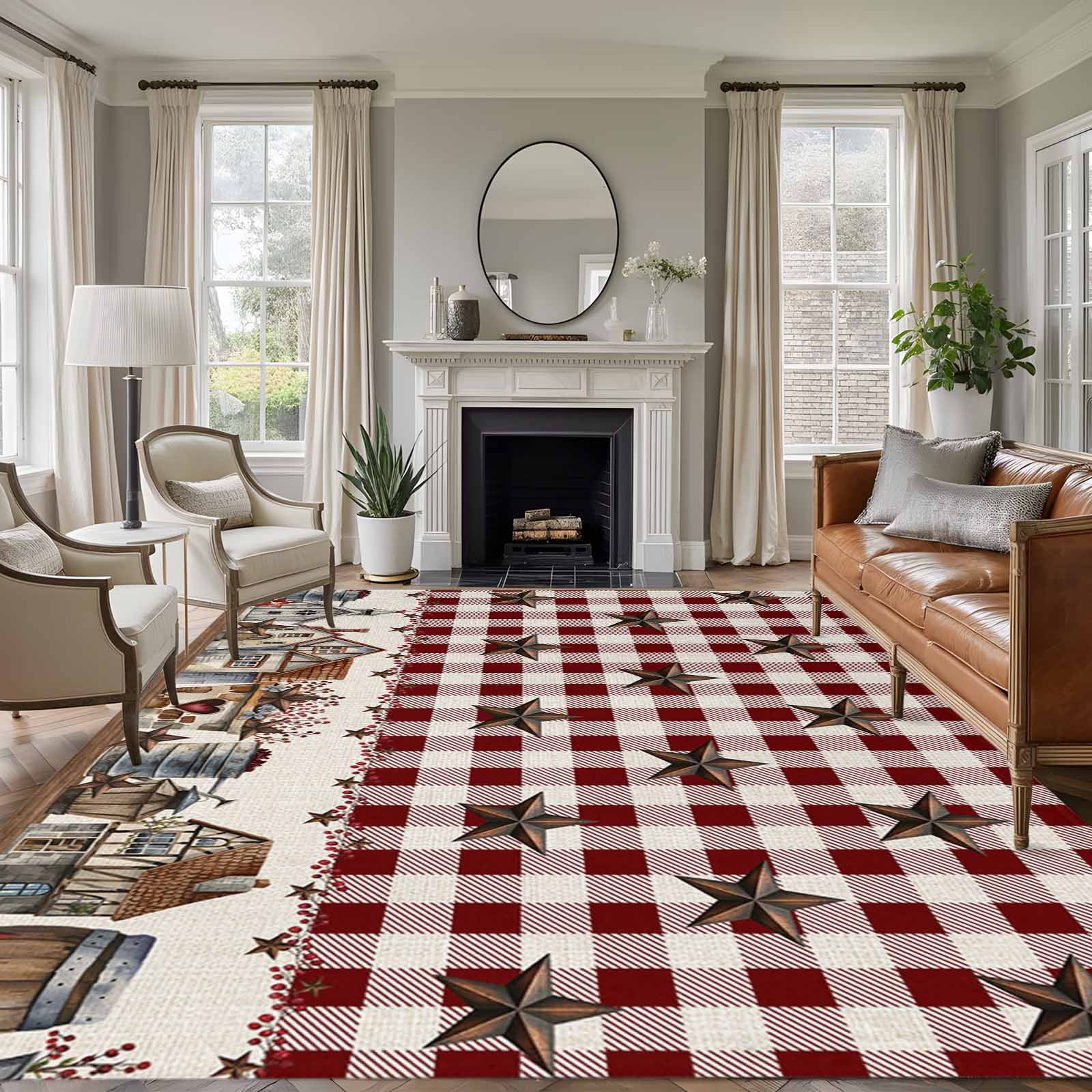 Country Star Washable Area Rug 8 x 10 ft Barn Bucket Farmhouse Red ...