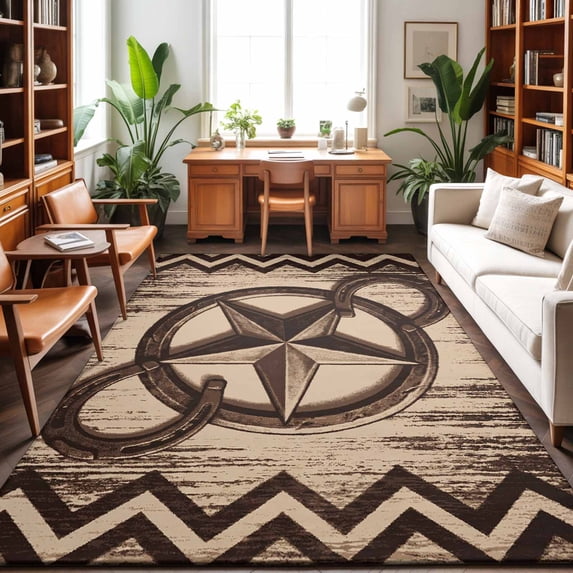 Country Star Washable Area Rug 9 x 12 ft Distressed Vintage Horseshoe ...