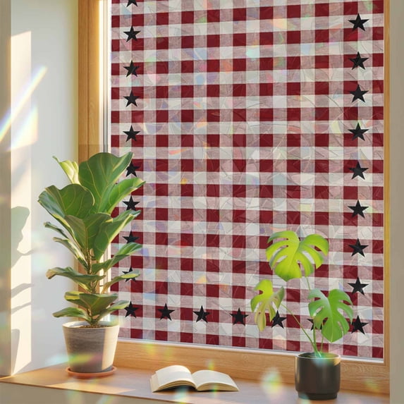 Country Star Window Privacy Film, Berry Red Buffalo Plaid Stained Glass ...