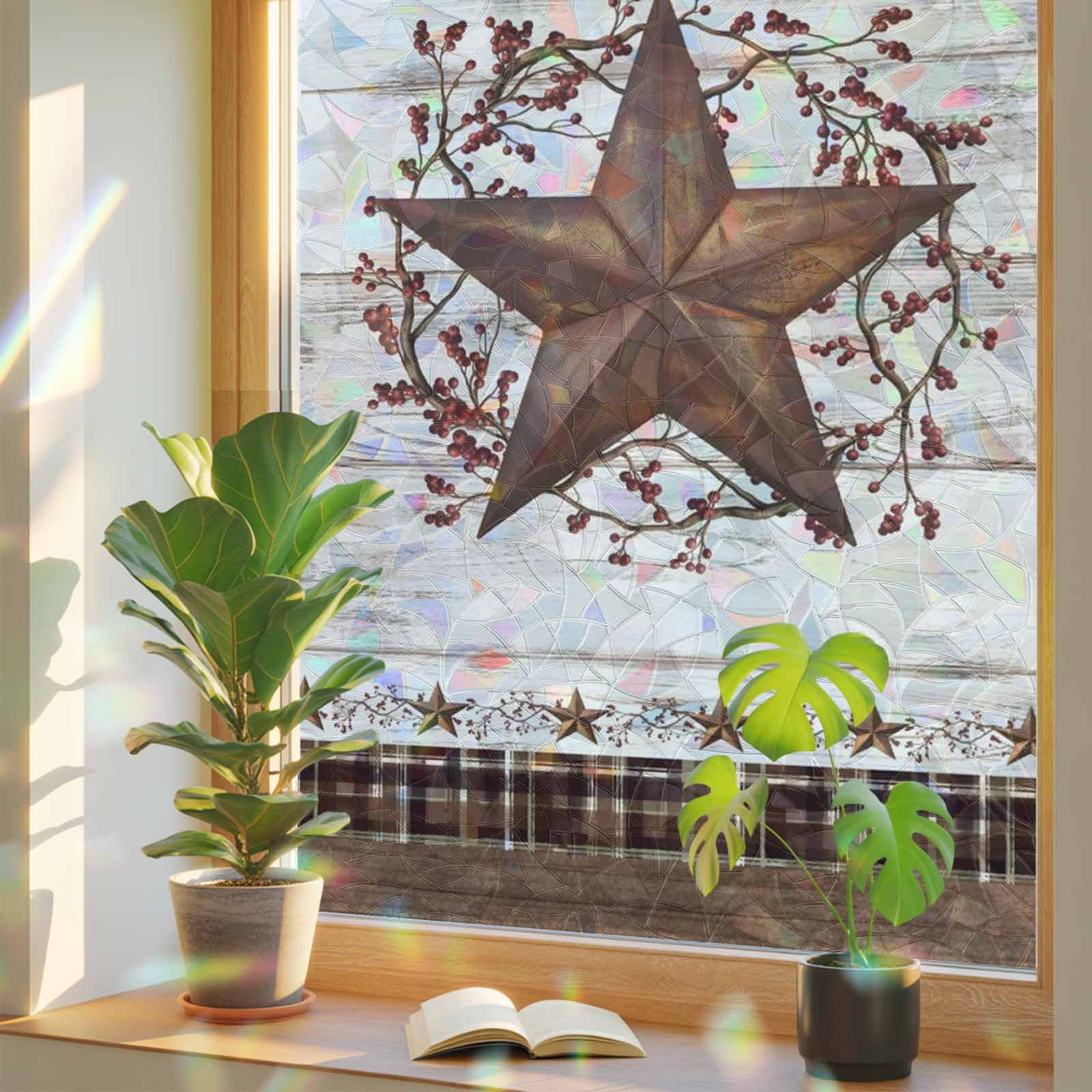 Country Star Window Privacy Film, Rust Yellow Stars Berry Brown Plaid ...