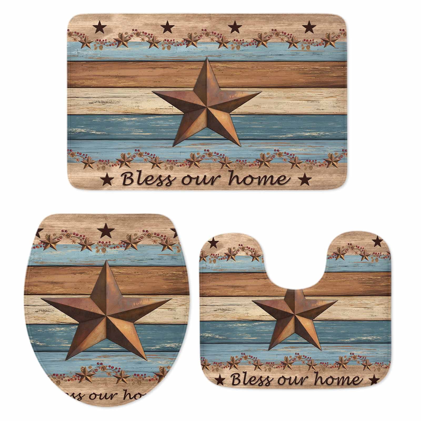 Country Stars Bathroom Rugs Set Vintage Blue Wood Grains Bless Our Home ...