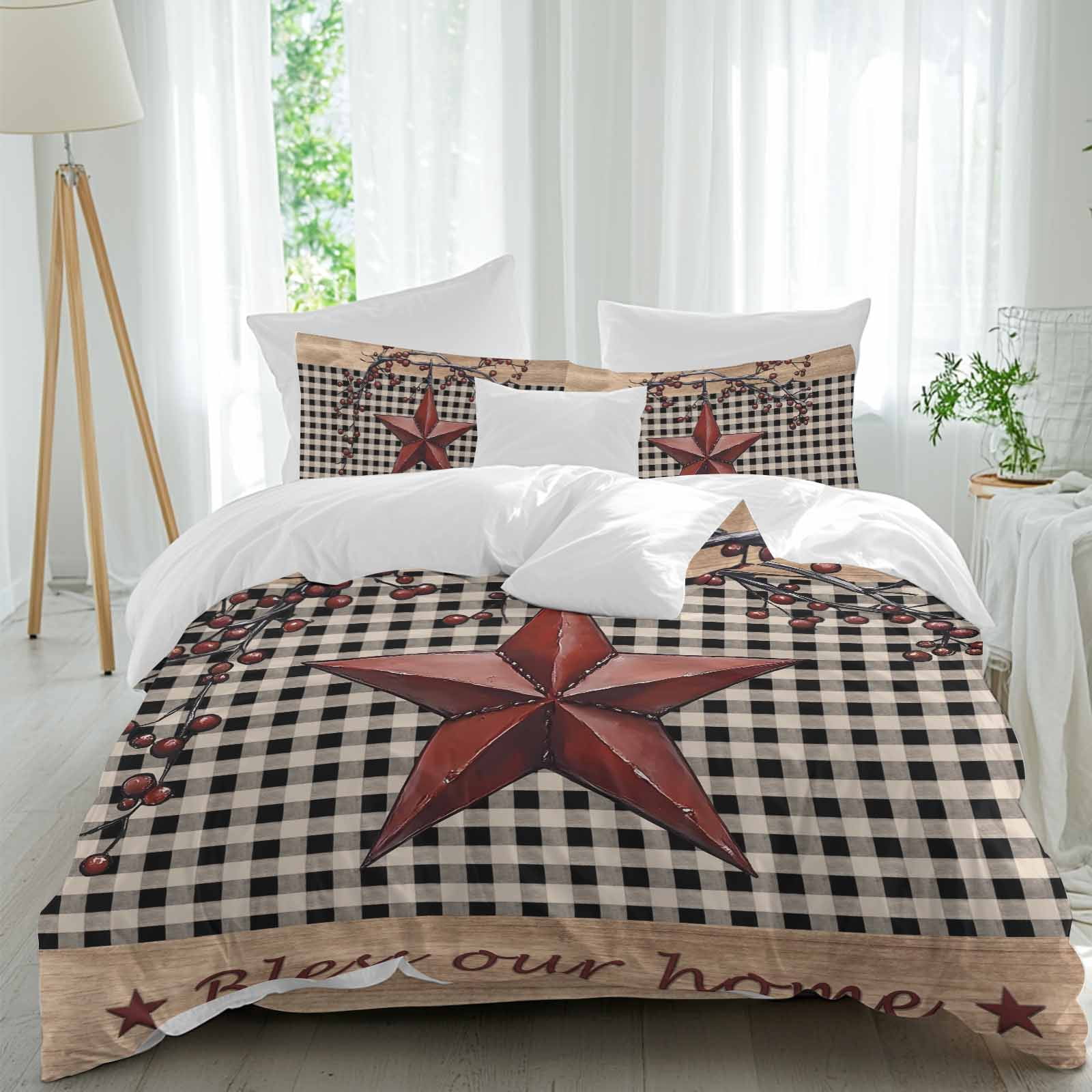 Country Stars Comforter Set California King Size, Vintage Dark Red Star ...