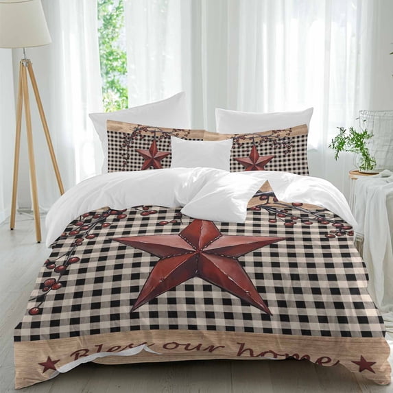 Country Stars Comforter Set California King Size, Vintage Dark Red Star ...