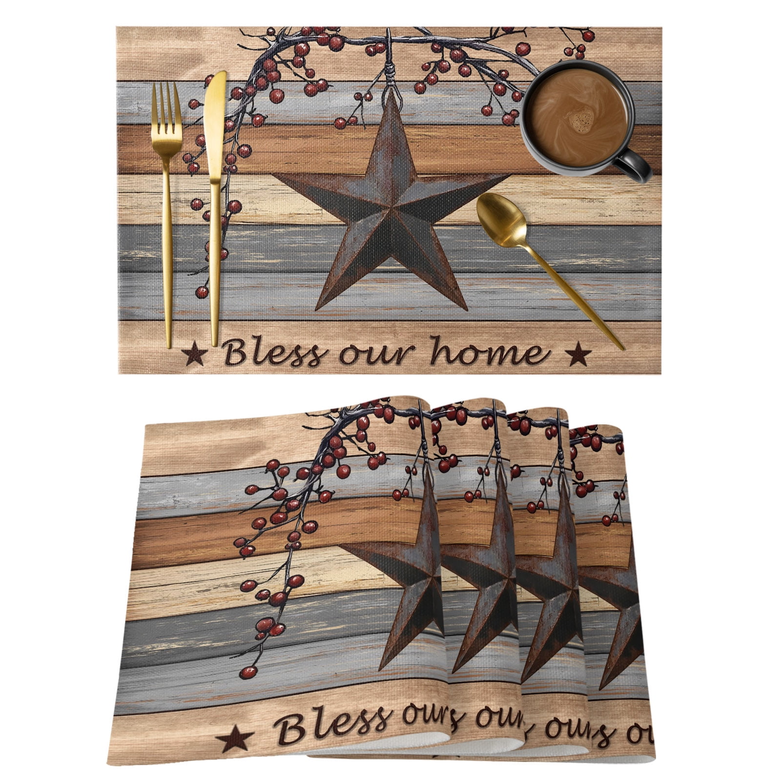 Country Stars Cotton Linen Placemats Set of 2, Vintage Rust Black Star ...
