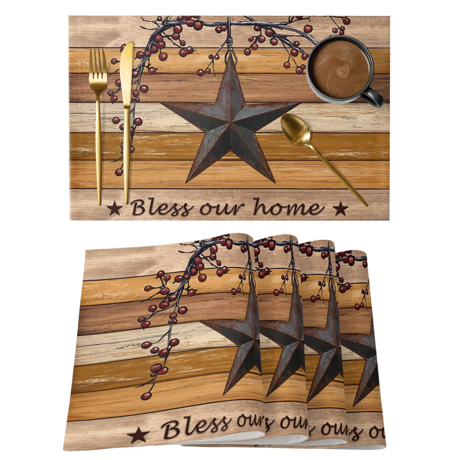 Country Stars Cotton Linen Placemats Set of 2, Vintage Rust Black Star ...
