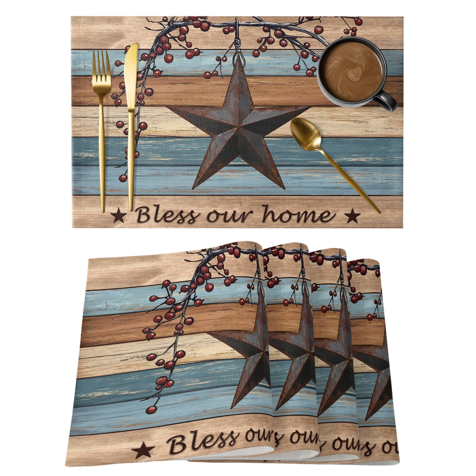 Country Stars Cotton Linen Placemats Set of 4, Vintage Rust Black Star ...