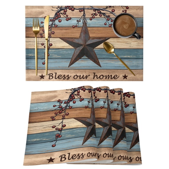 Country Stars Cotton Linen Placemats Set of 4, Vintage Rust Black Star ...