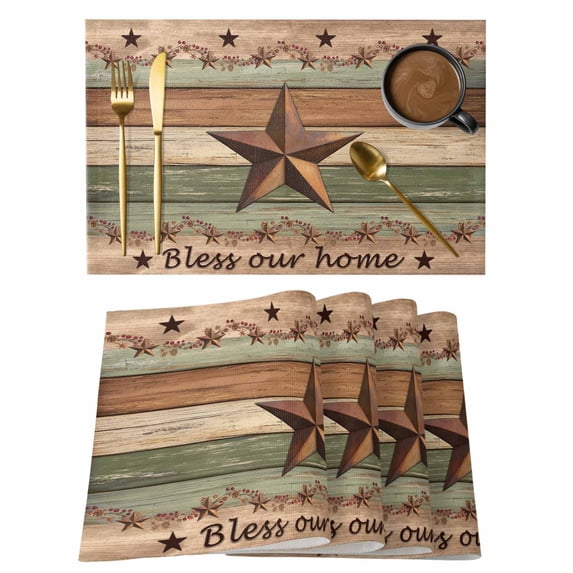 Country Stars Cotton Linen Placemats Set of 8, Vintage Wood Striped ...