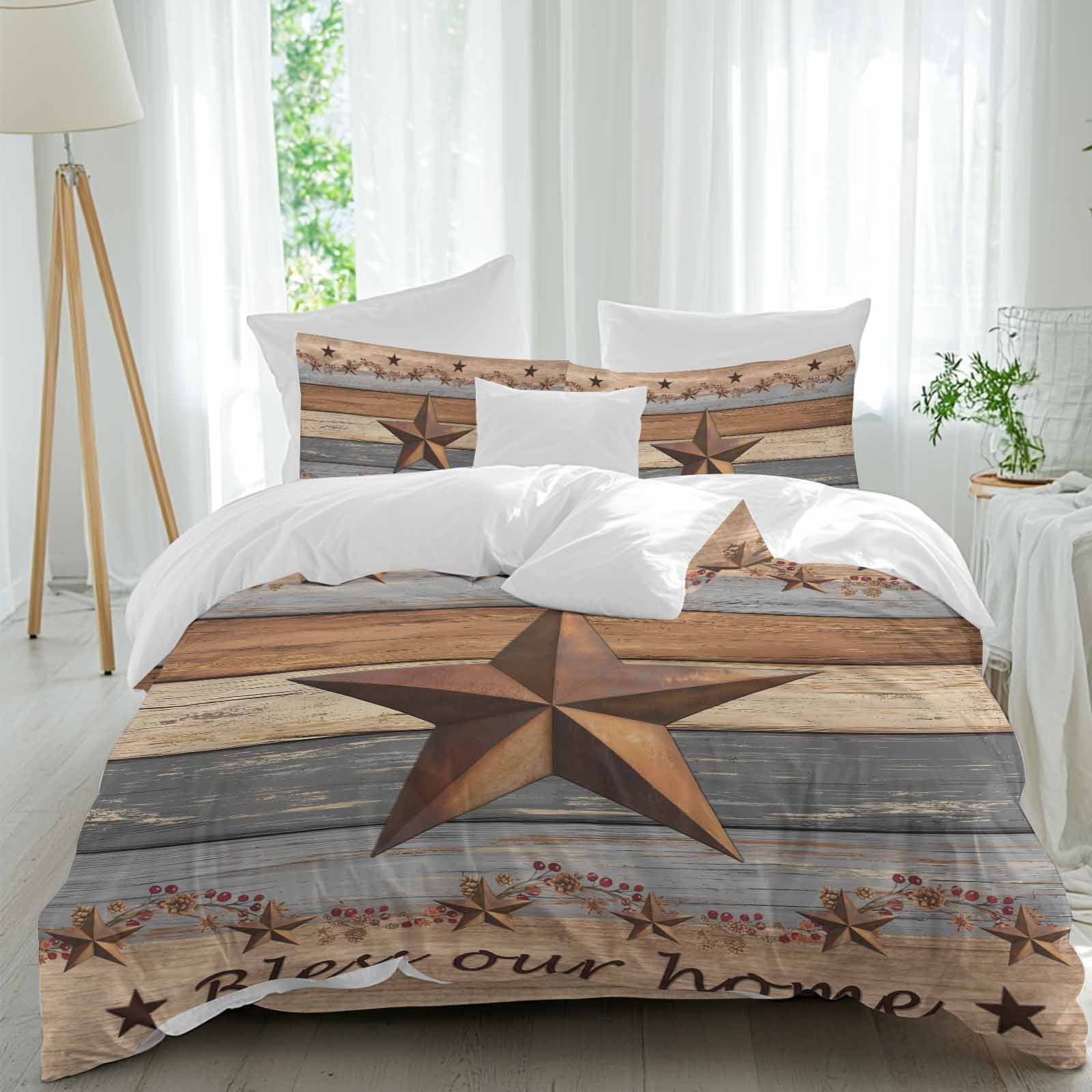 Country Stars Duvet Cover Set Full Size, Vintage Blue Wood Grain Bless ...