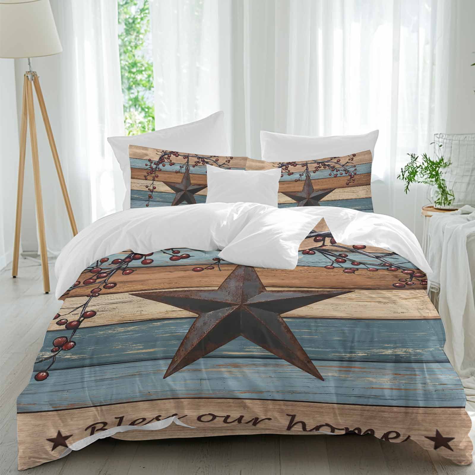 Country Stars Duvet Cover Set Queen Size, Vintage Rust Black Star Berry ...