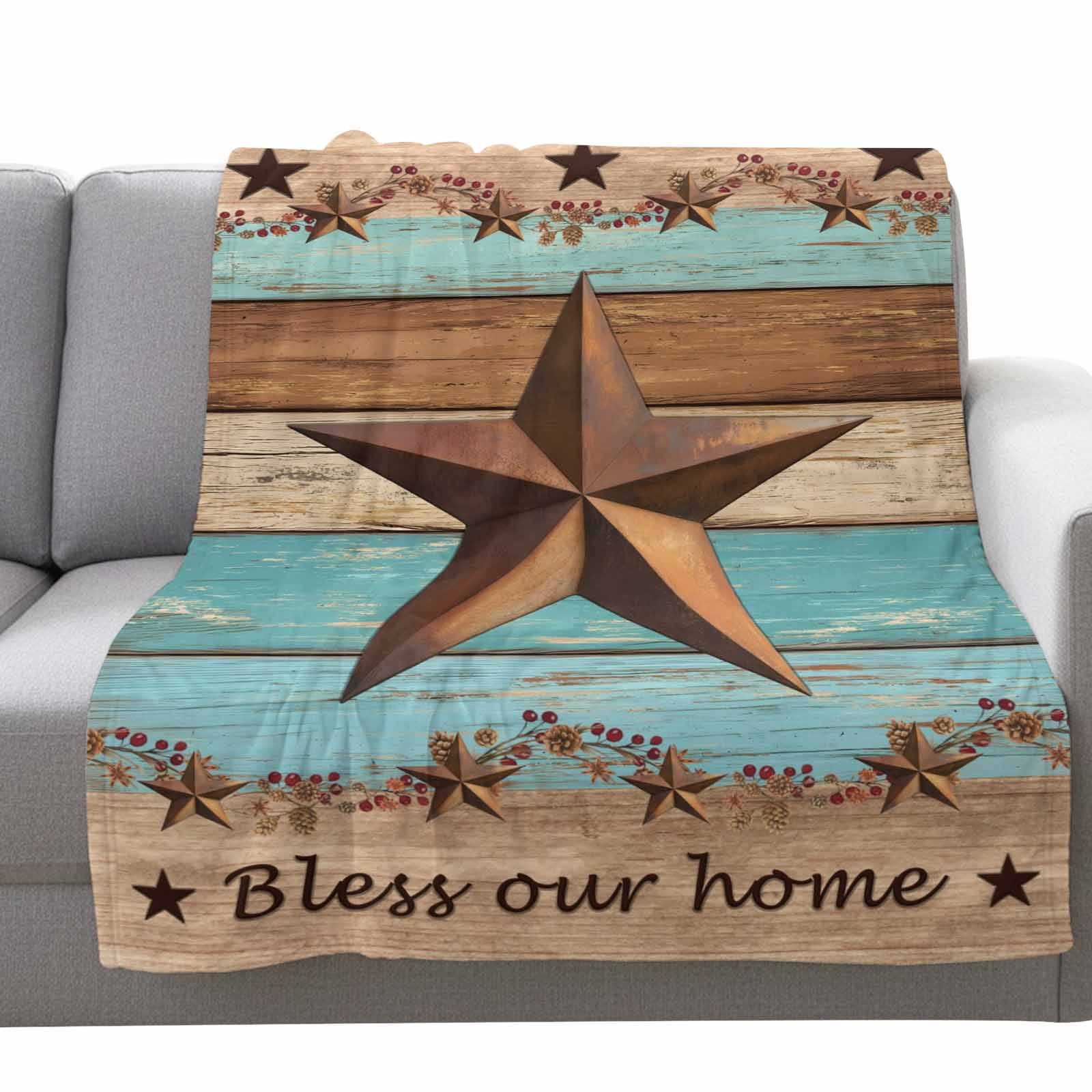 Country Stars Fleece Throw Blanket Lightweight Blue Brown Wood Grain ...
