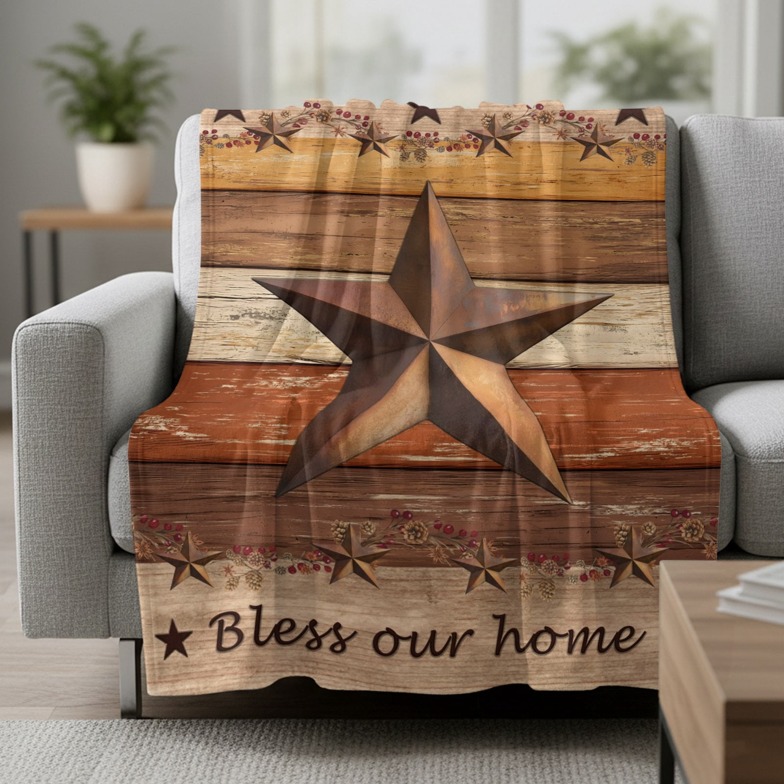 Country Stars Fleece Throw Blanket Vintage Wood Grain Bless Our Home ...