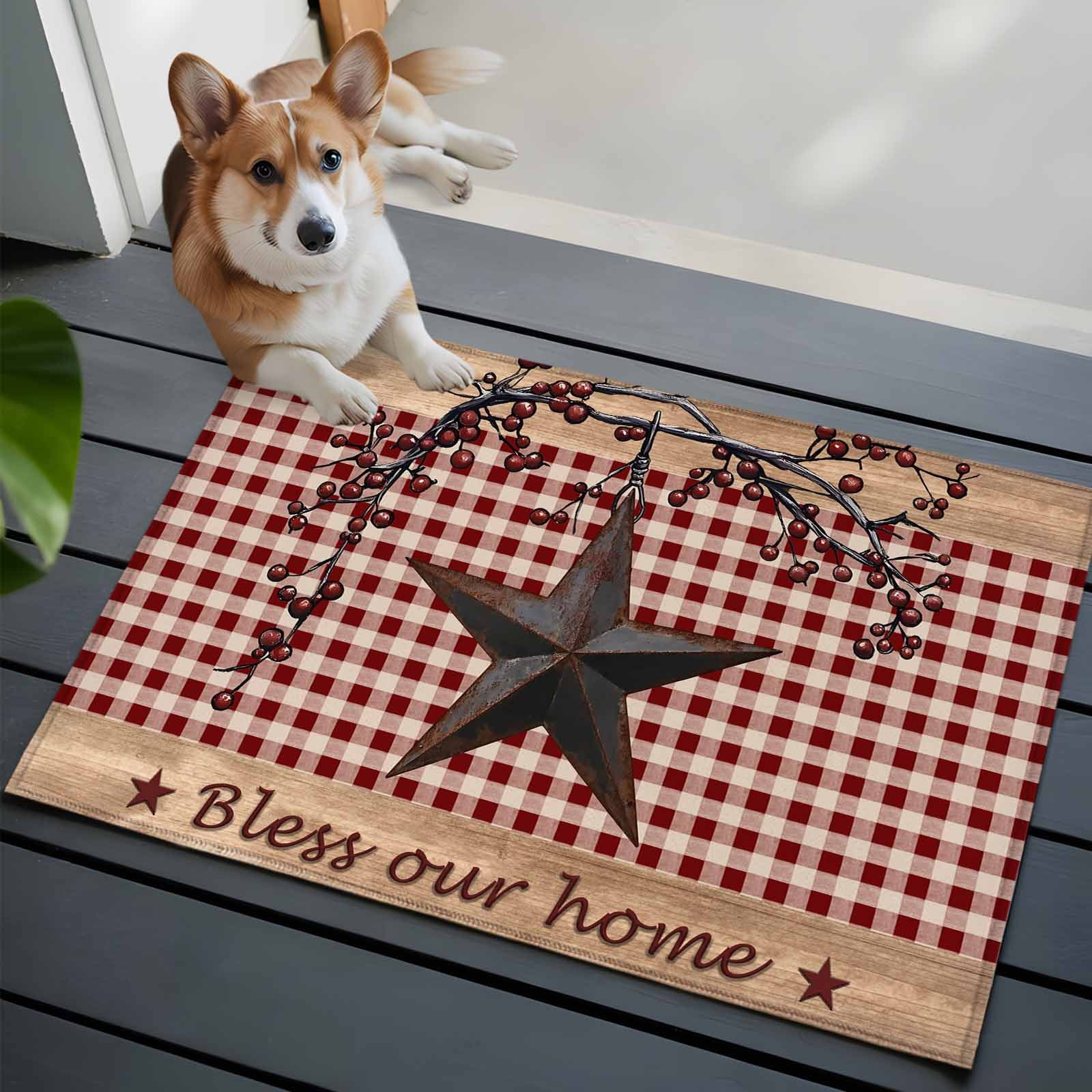 Country Stars Front Door Rugs 2x3 ft Vintage Rust Black Star Red Plaid ...