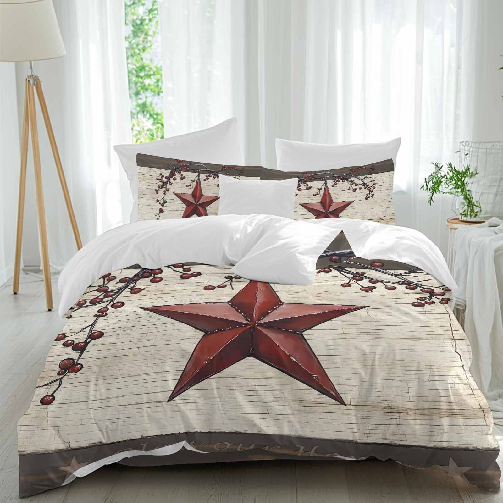 Country Stars Full Duvet Cover Set, Vintage Red Star Berry Beige Wood ...