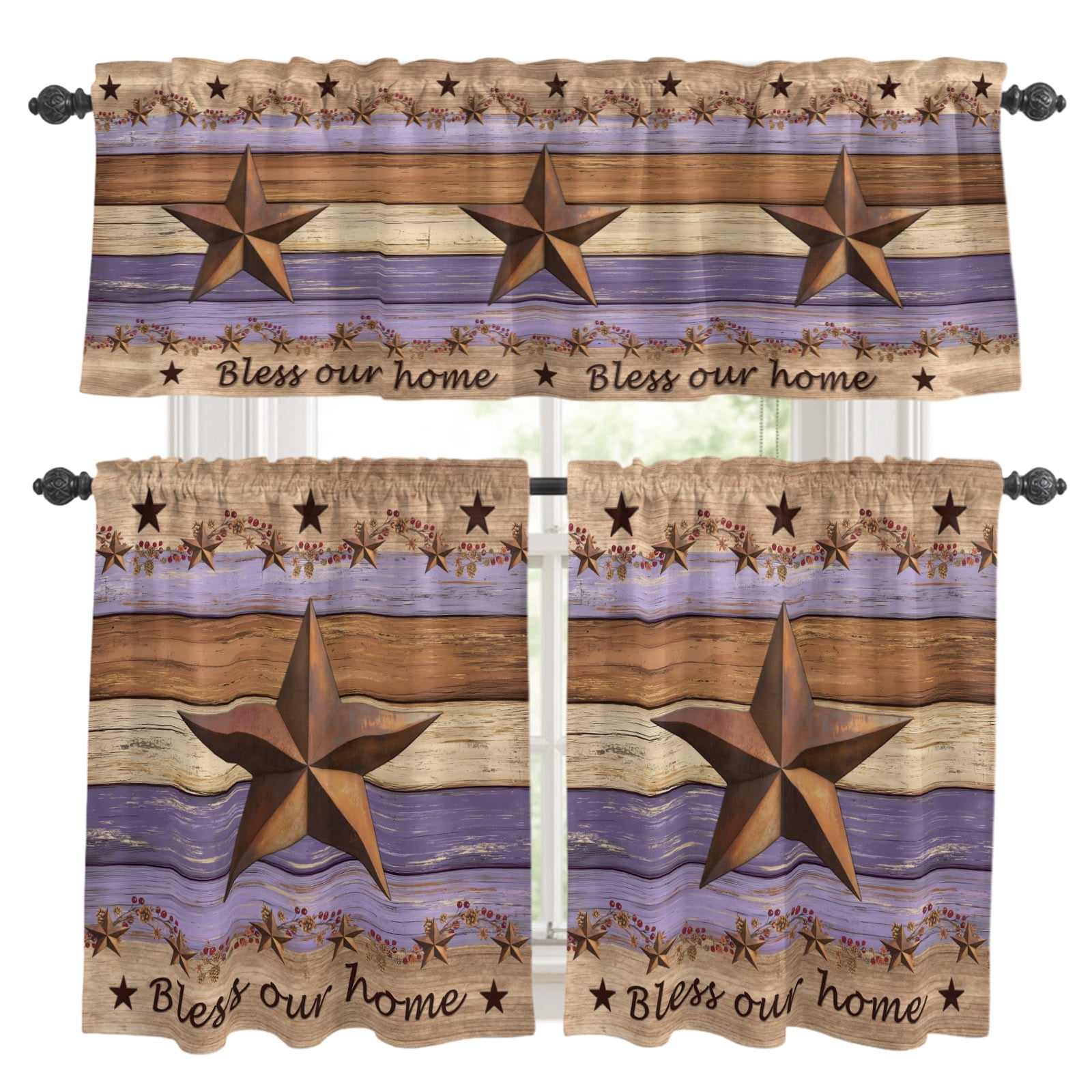 Country Stars Kitchen Curtains Set for Windows, Purple Wood Grain Bless ...