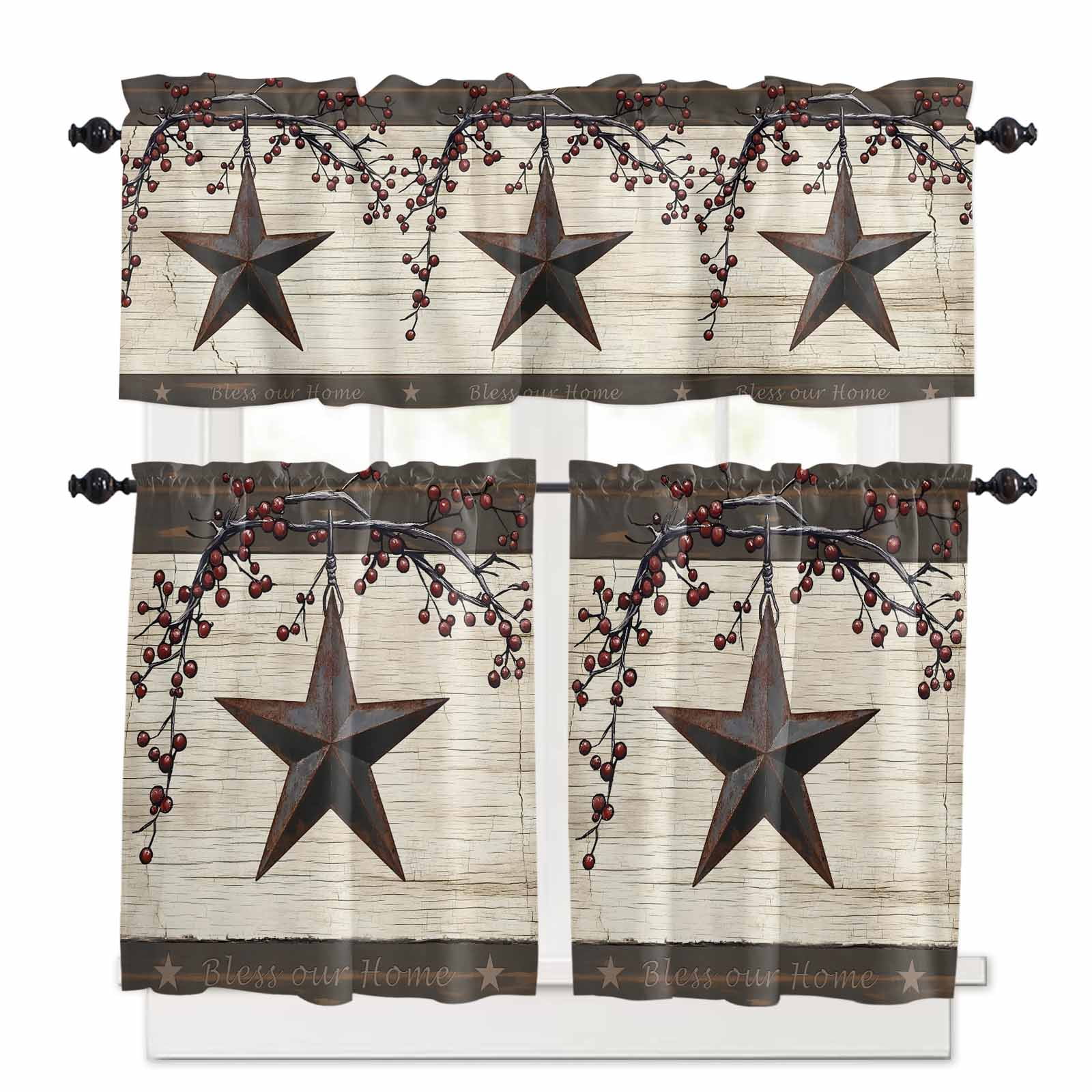 Country Stars Kitchen Curtains Valance and Tier Set Vintage Rust Black ...