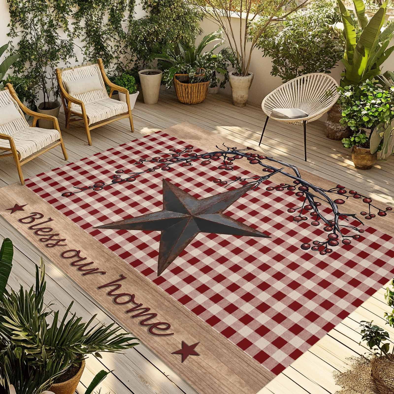 Country Stars Outdoor Rug, Vintage Rust Black Star Red Plaid Brown Wood ...