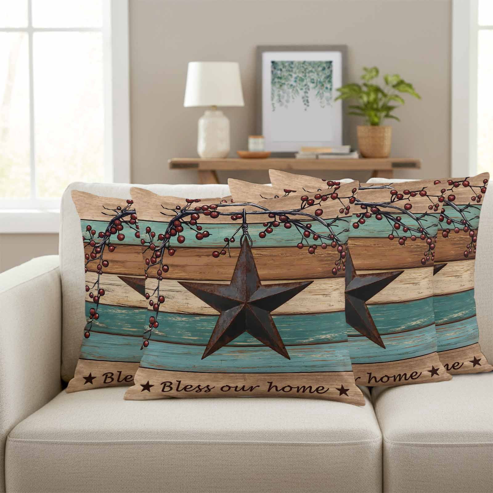 Country Stars Pillow Covers Set of 4, Vintage Rust Black Star Berry ...