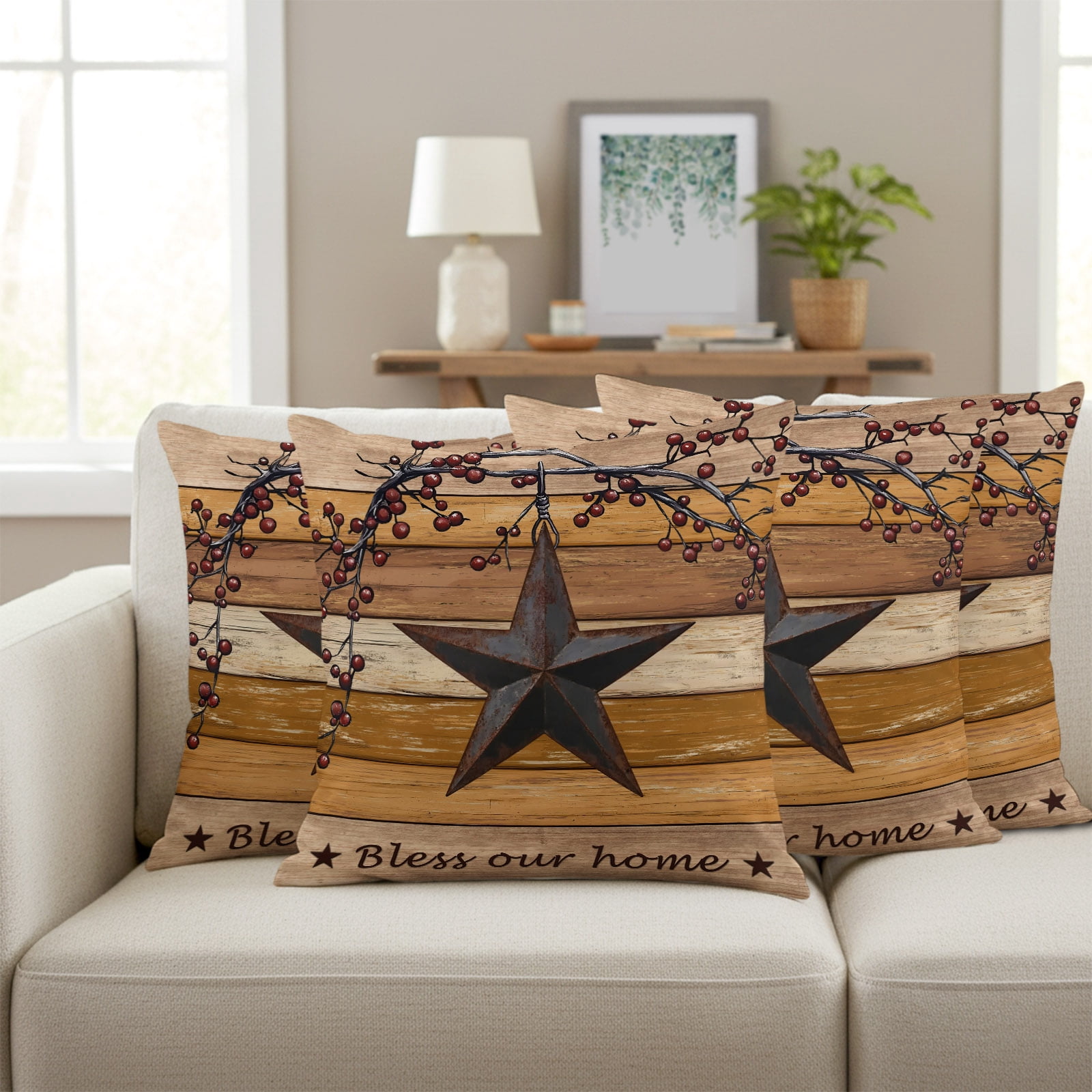 Country Stars Pillow Covers Set of 4, Vintage Rust Black Star Berry ...