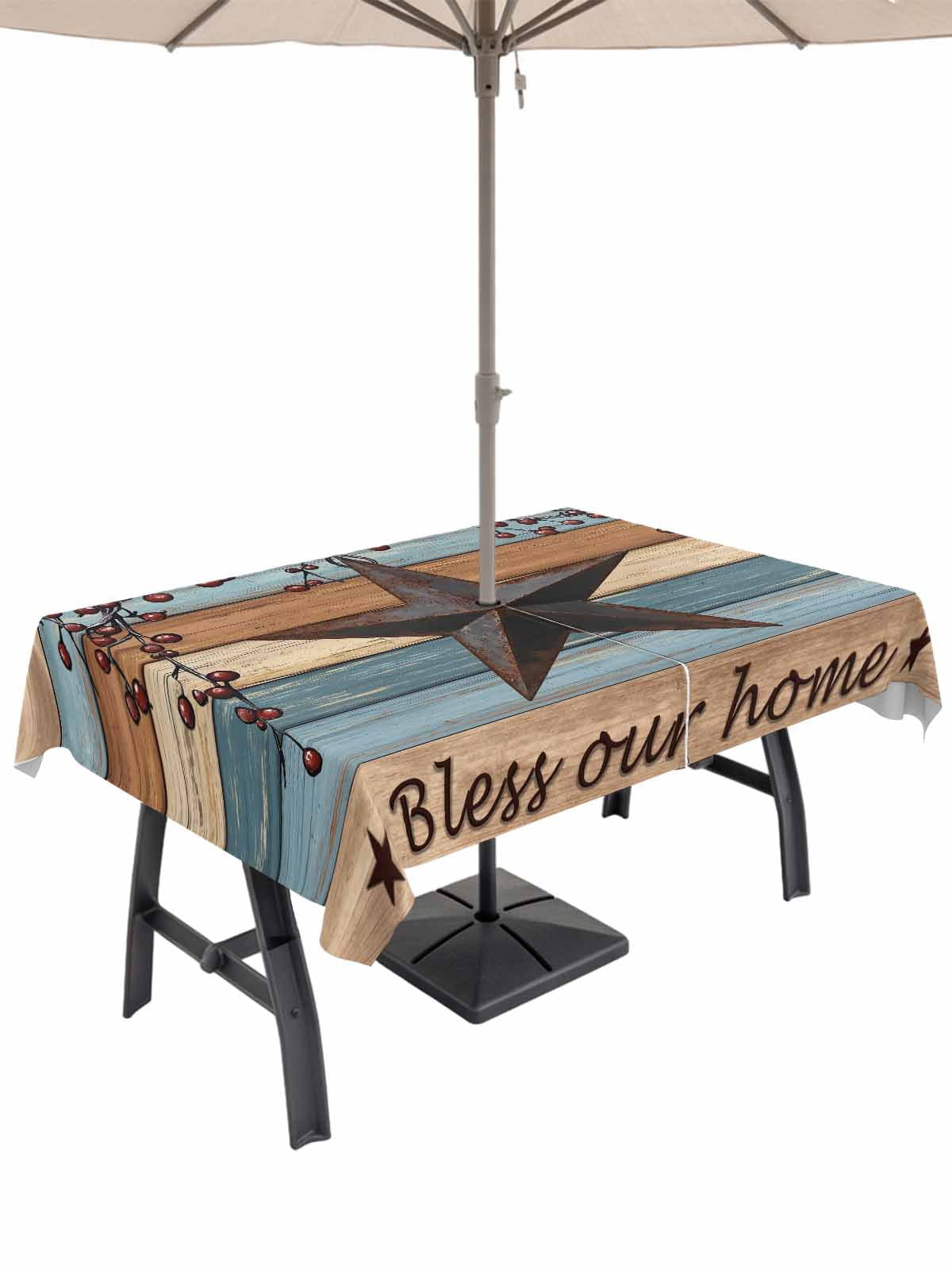 Country Stars Rectangle Outdoor Tablecloth with Umbrella Hole Vintage ...
