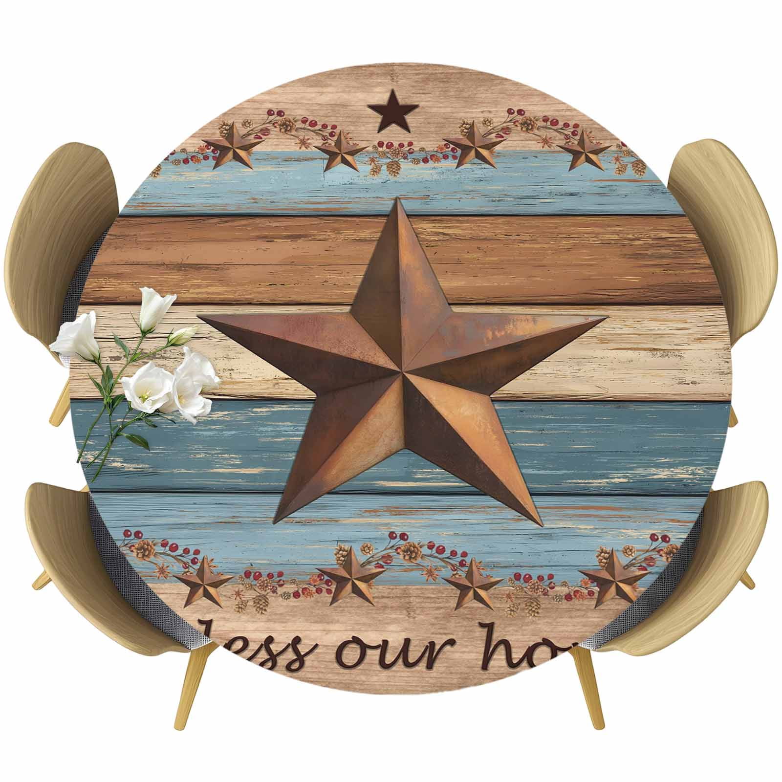 Country Stars Round Fitted Tablecloth with Elastic Edge, Vintage Blue ...