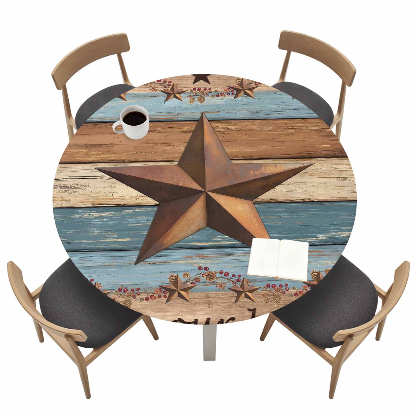 Country Stars Round Fitted Tablecloth with Elastic Edge Vintage Blue ...