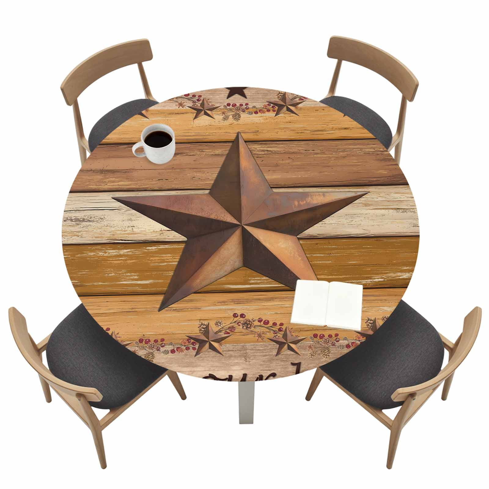 Country Stars Round Fitted Tablecloth with Elastic Edge Vintage Brown ...