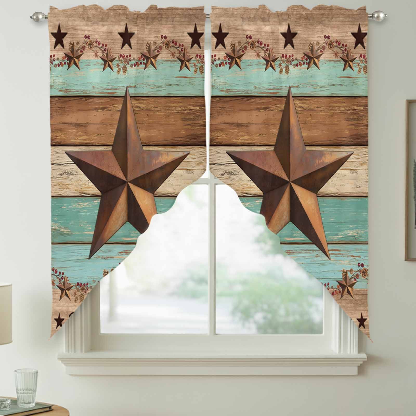Country Stars Swag Kitchen Curtain Valances, Vintage Green Wood Grain ...