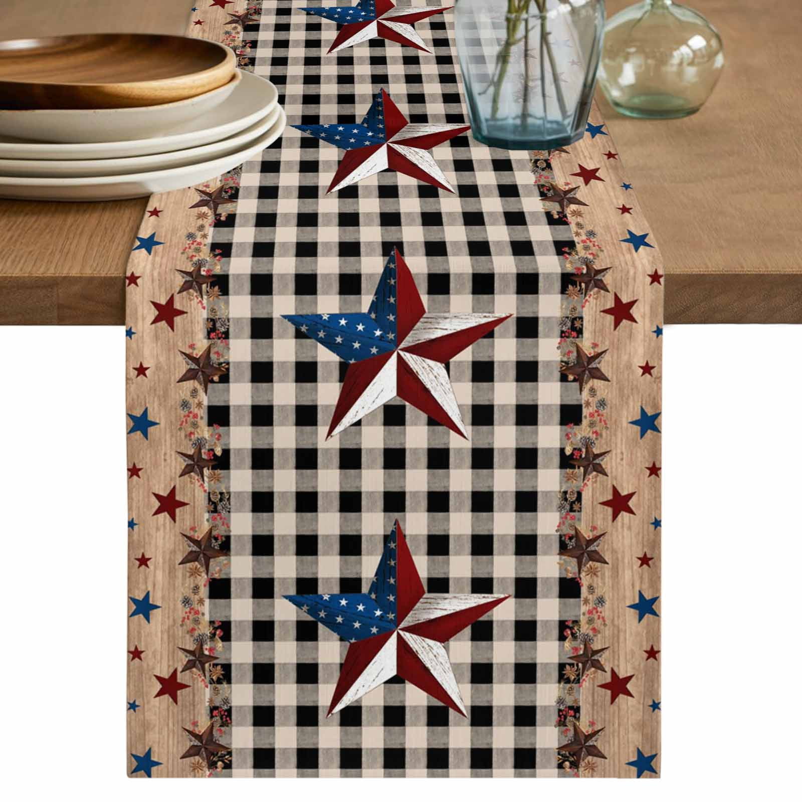 Country Stars Table Runner, Vintage Black Plaid U.S. Flag Farms Wood ...