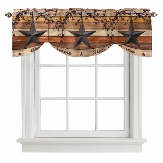 Country Stars Tie Up Valance Curtains Vintage Rust Black Star Berry ...