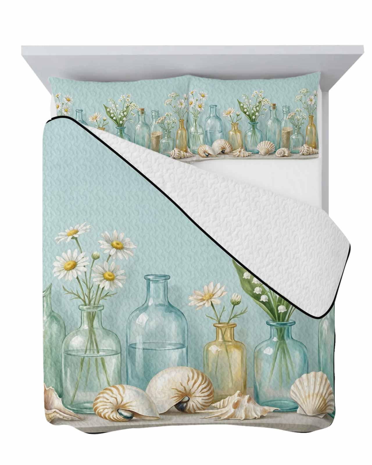 Country Style 3 Piece Quilt Set Queen Size, Glass Bottle Daisy Flowers ...