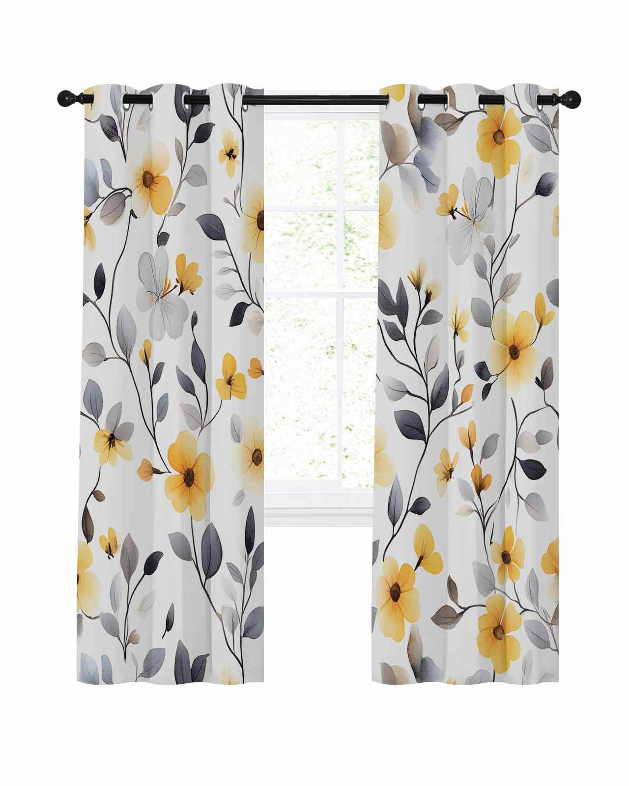 Country Style Blackout Curtains 39 Inches Long, Yellow Flowers Leaves ...