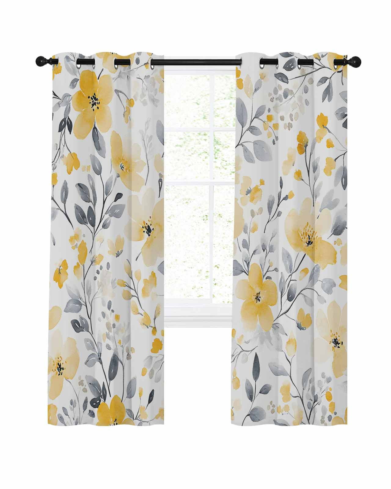 Country Style Blackout Curtains 63 Inch Length Yellow Flowers Gray Leaf ...
