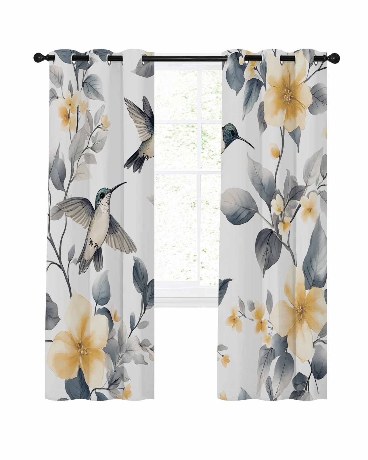 Country Style Blackout Curtains 84 Inch Length Yellow Floral Gray Bird ...