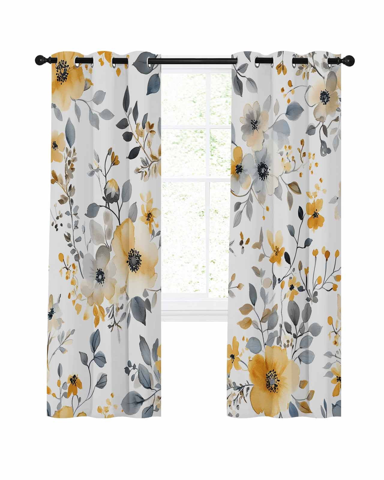 Country Style Blackout Curtains 96 Inch Length Flowers Gray Leaves ...