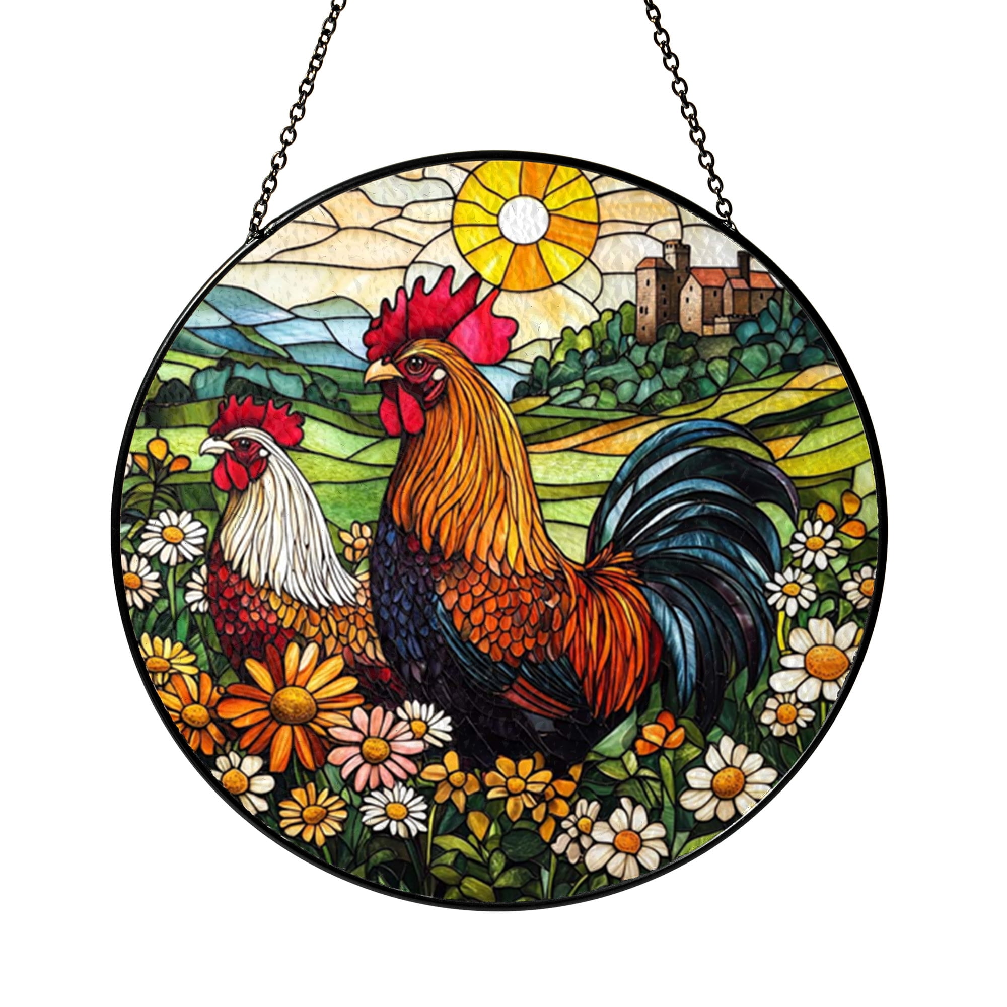 Country Style Chicken Glass Suncatcher – Decorative Floral Window Art ...