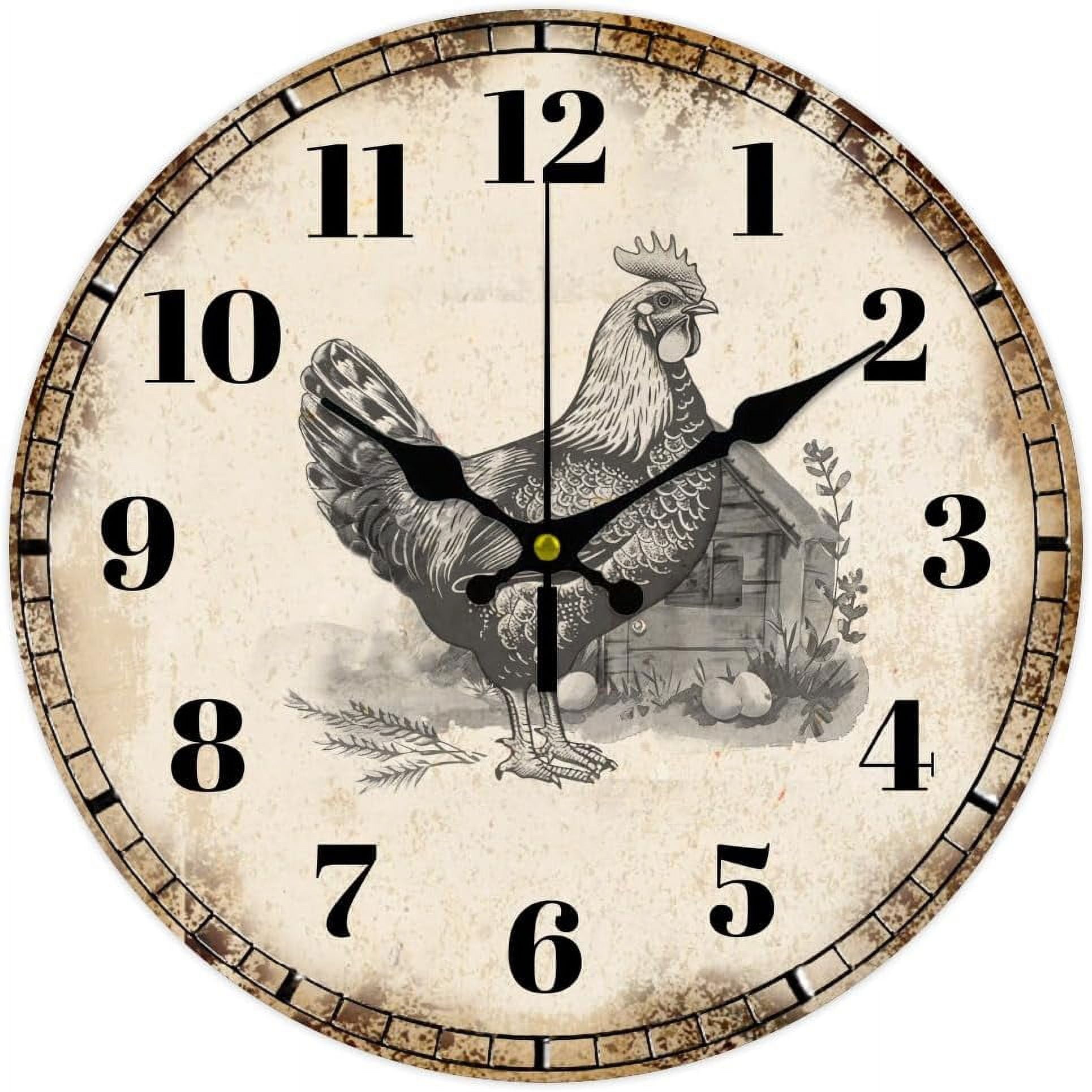 Country Style Chicken Wall Clocks Non-Ticking Clock Round Decorative ...
