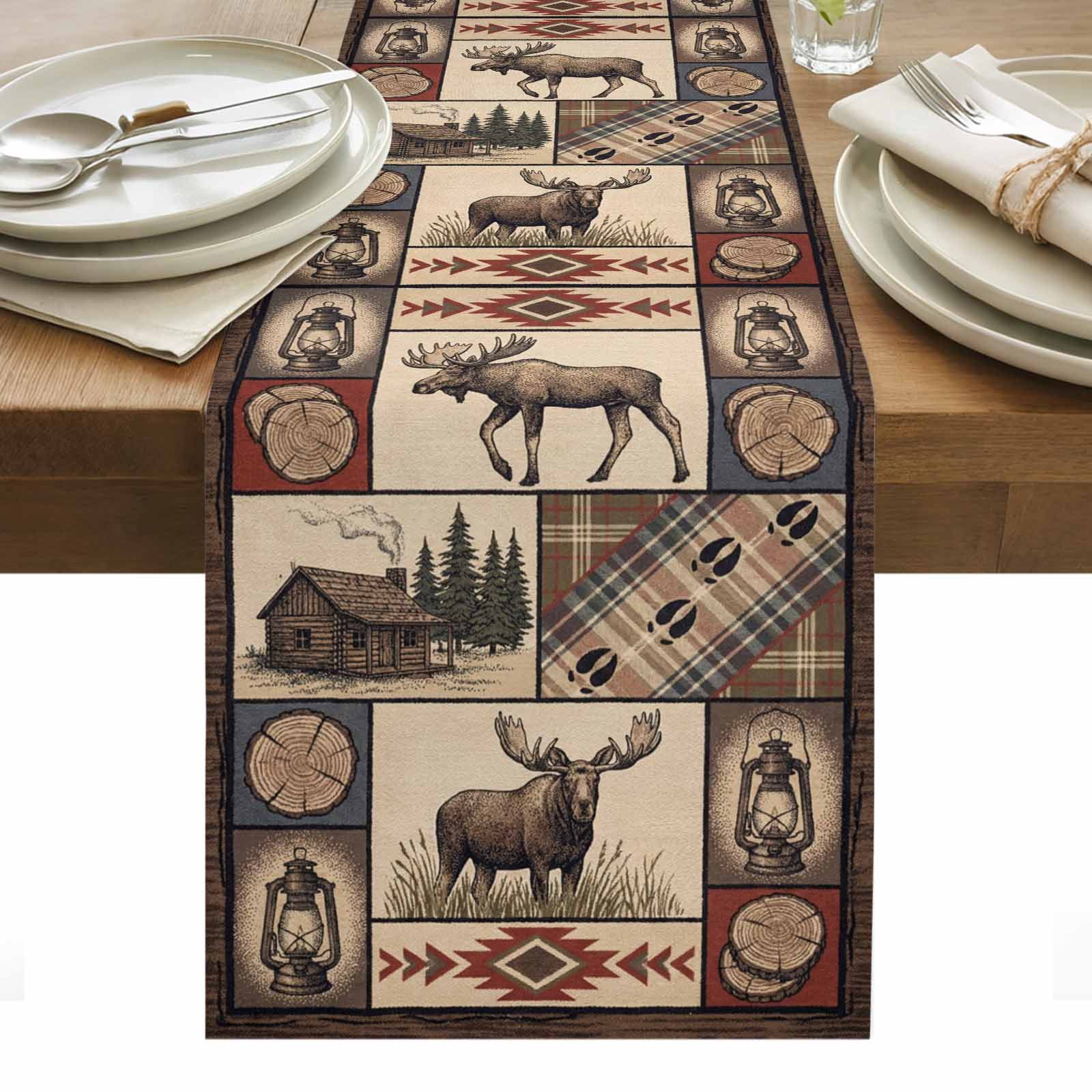 Country Style Cotton Linen Table Runner Farm Buck Wooden House Aztec ...