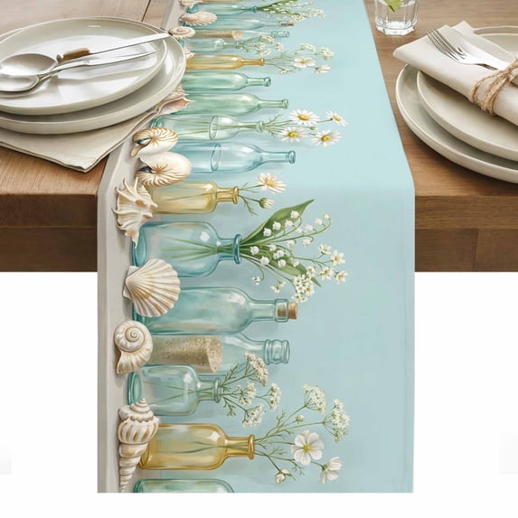 Country Style Cotton Linen Table Runner Glass Bottle Daisy Flowers ...